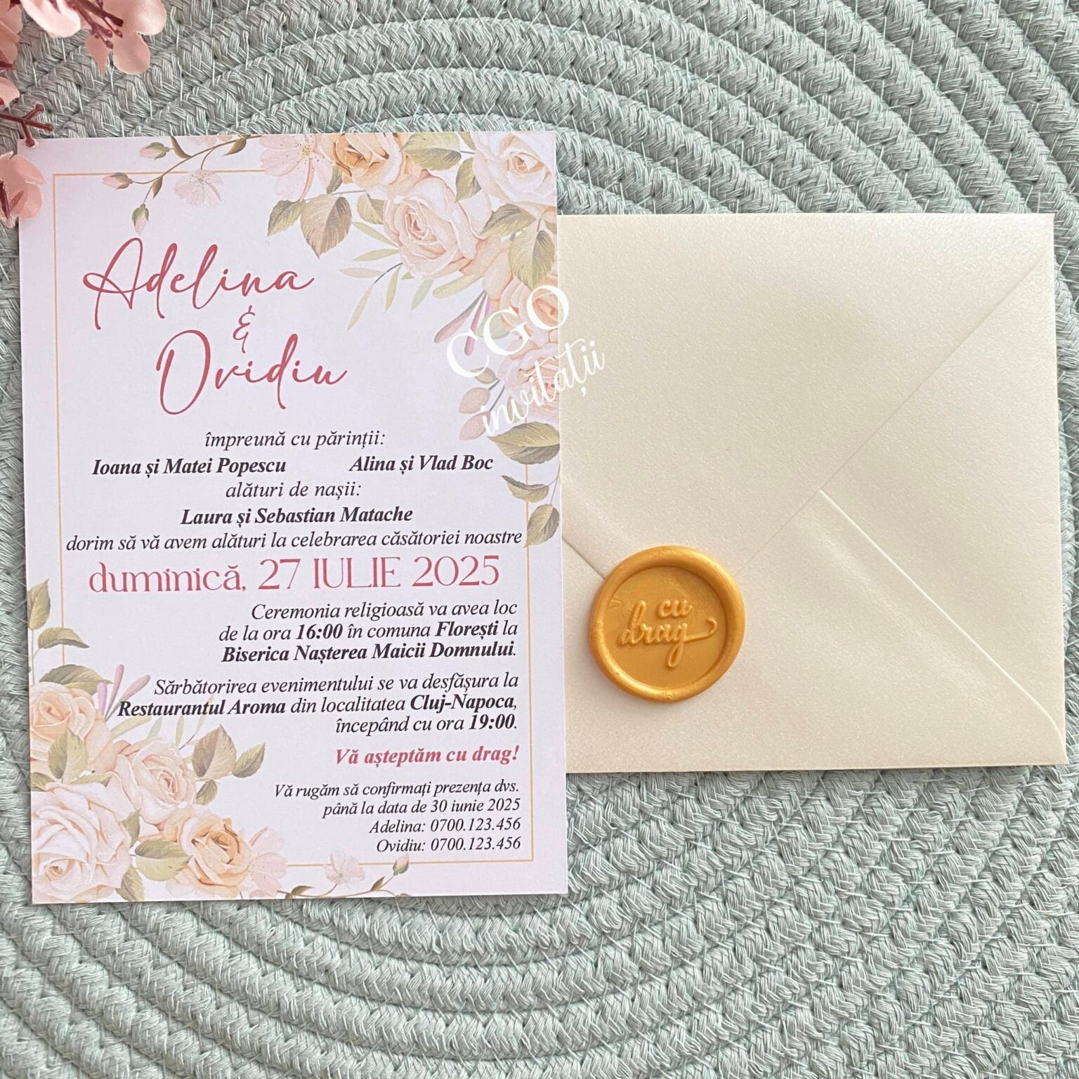 [SET] Invitatii Nunta Peach 13 Royalty Roses + Plic Ivory Sidefat ...