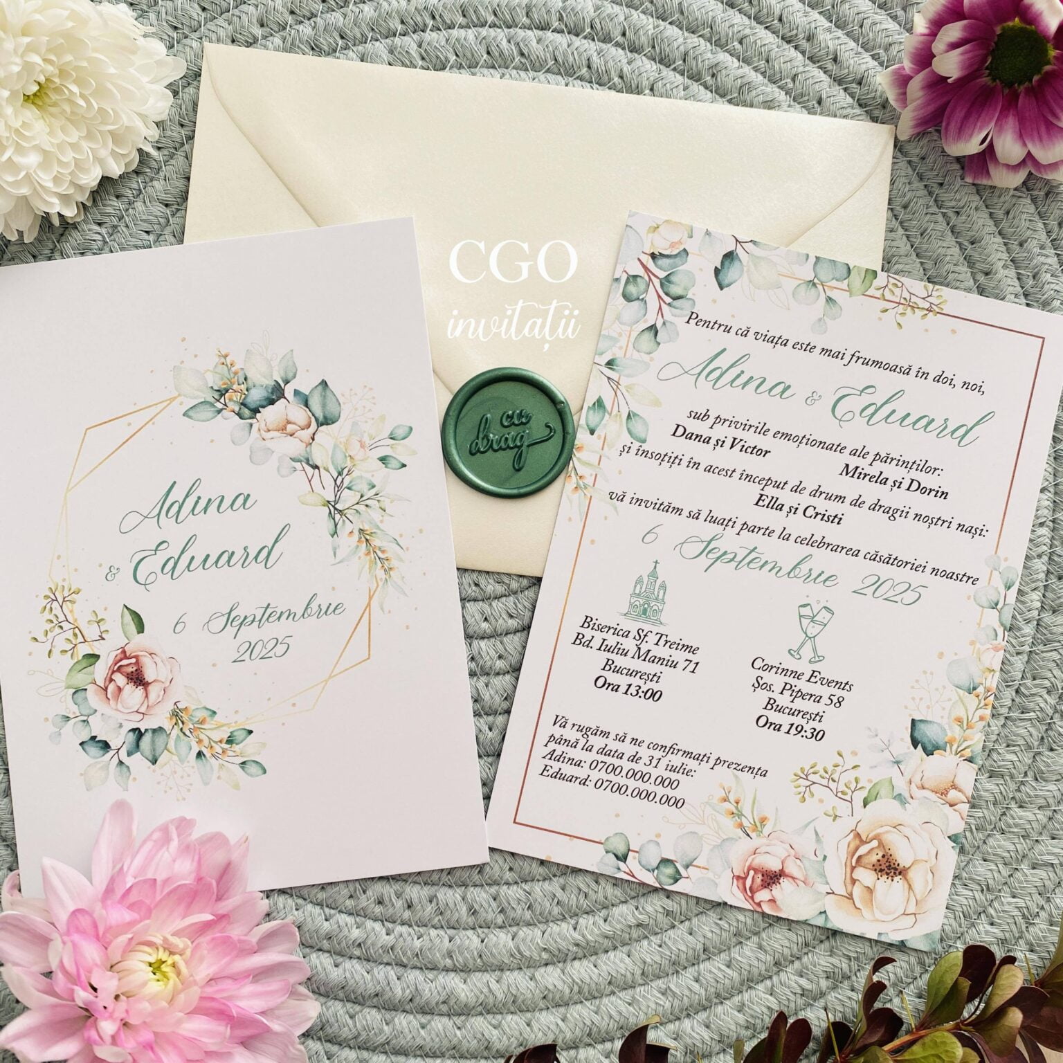 [SET] Invitatii de Nunta 19 Frunze Trandafiri cu plic sidefat si ...