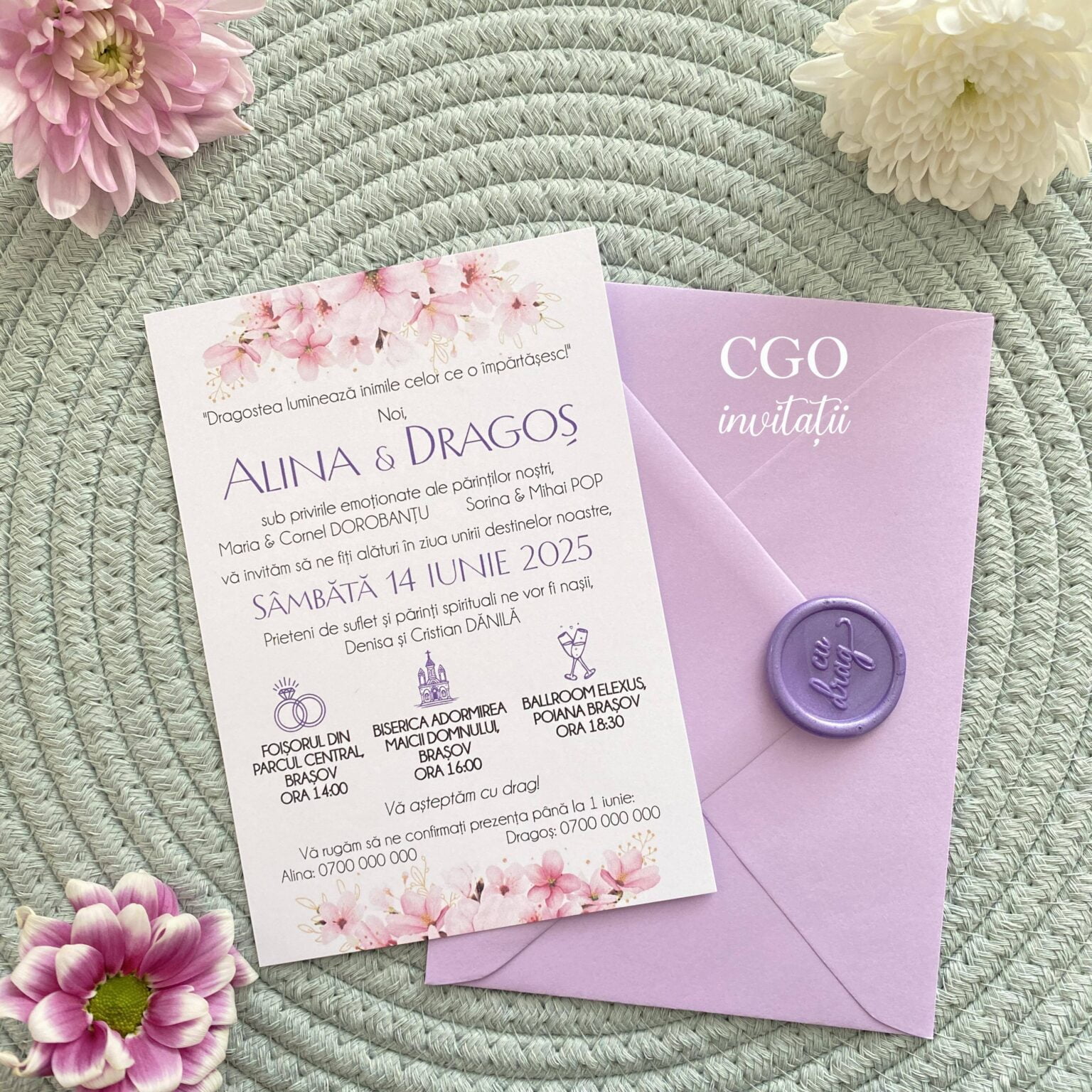 [SET] Invitatii Nunta 33 Flori de Cires cu plic colorat si sigiliu ...