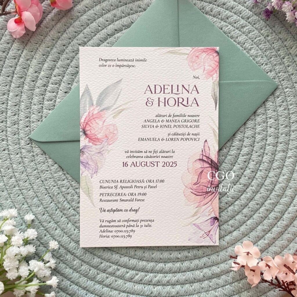 [SET] Invitatii nunta carton texturat + plic colorat + sigiliu - CGO